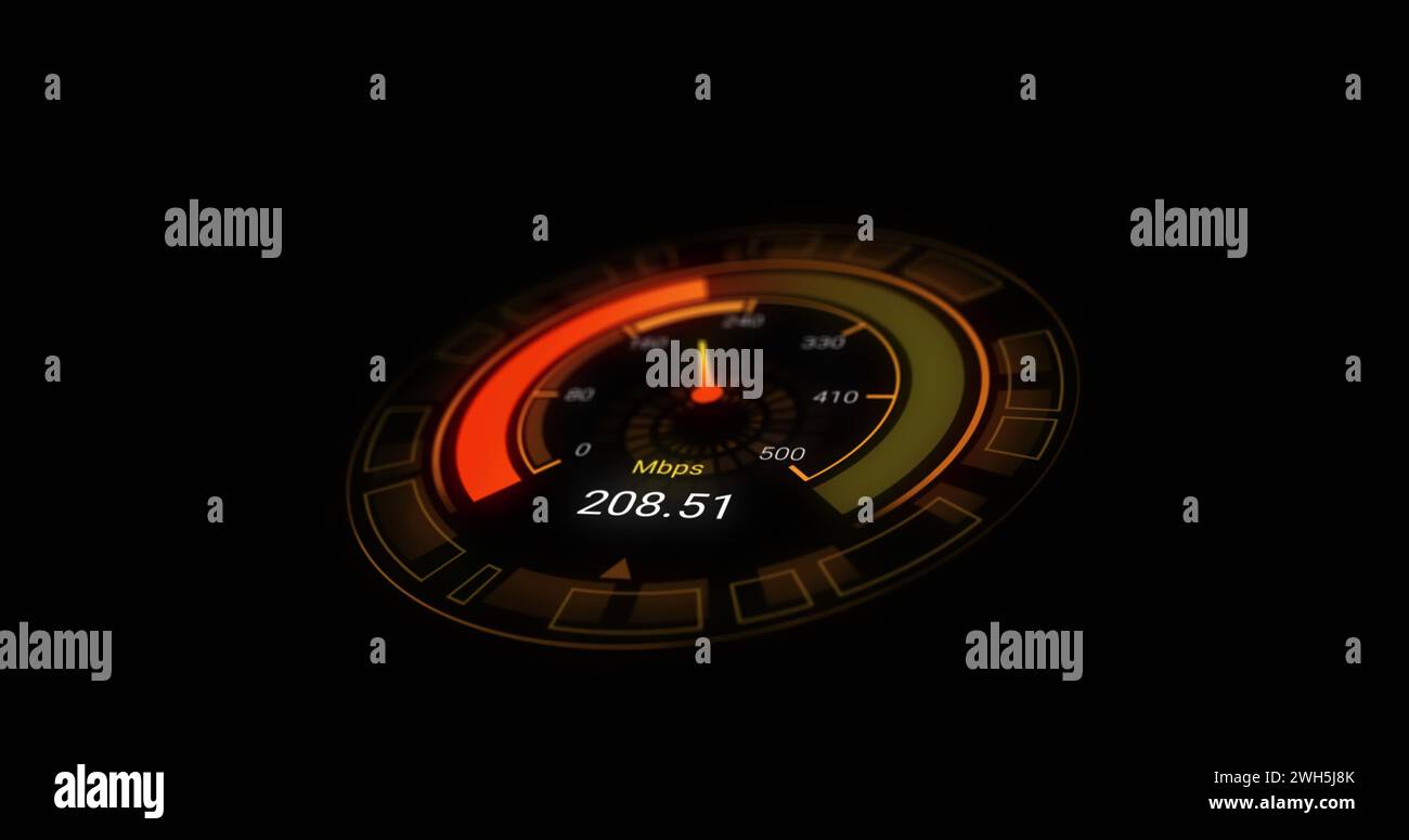 Image of orange speedometer over black background Stock Photo - Alamy
