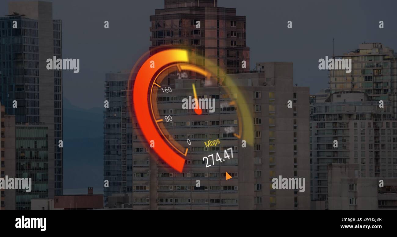 Animation orange speedometer over cityscape hi-res stock photography ...