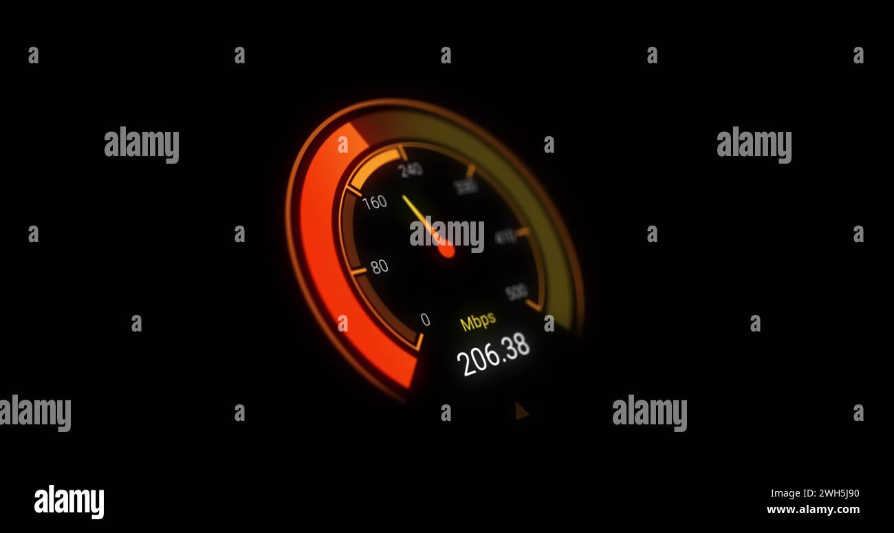 Image of orange speedometer over black background Stock Photo - Alamy