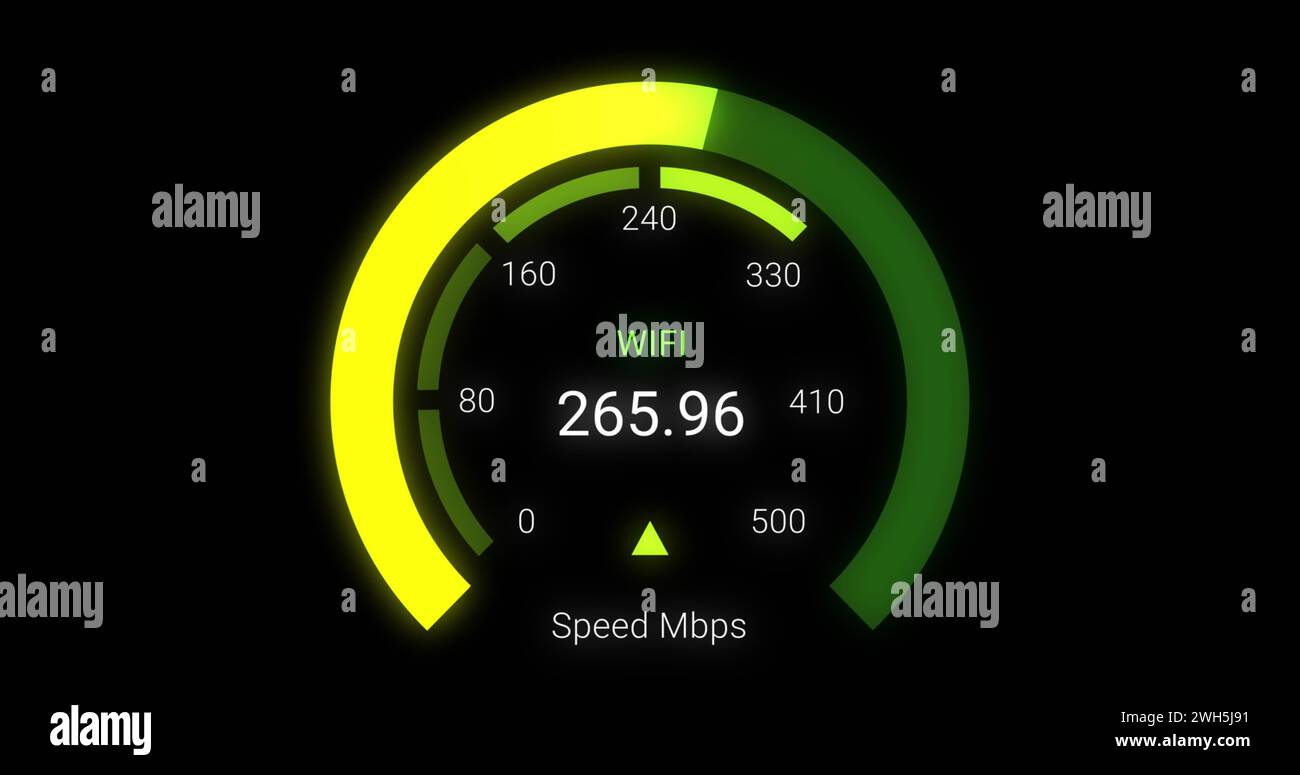 Image of yellow speedometer over black background Stock Photo - Alamy