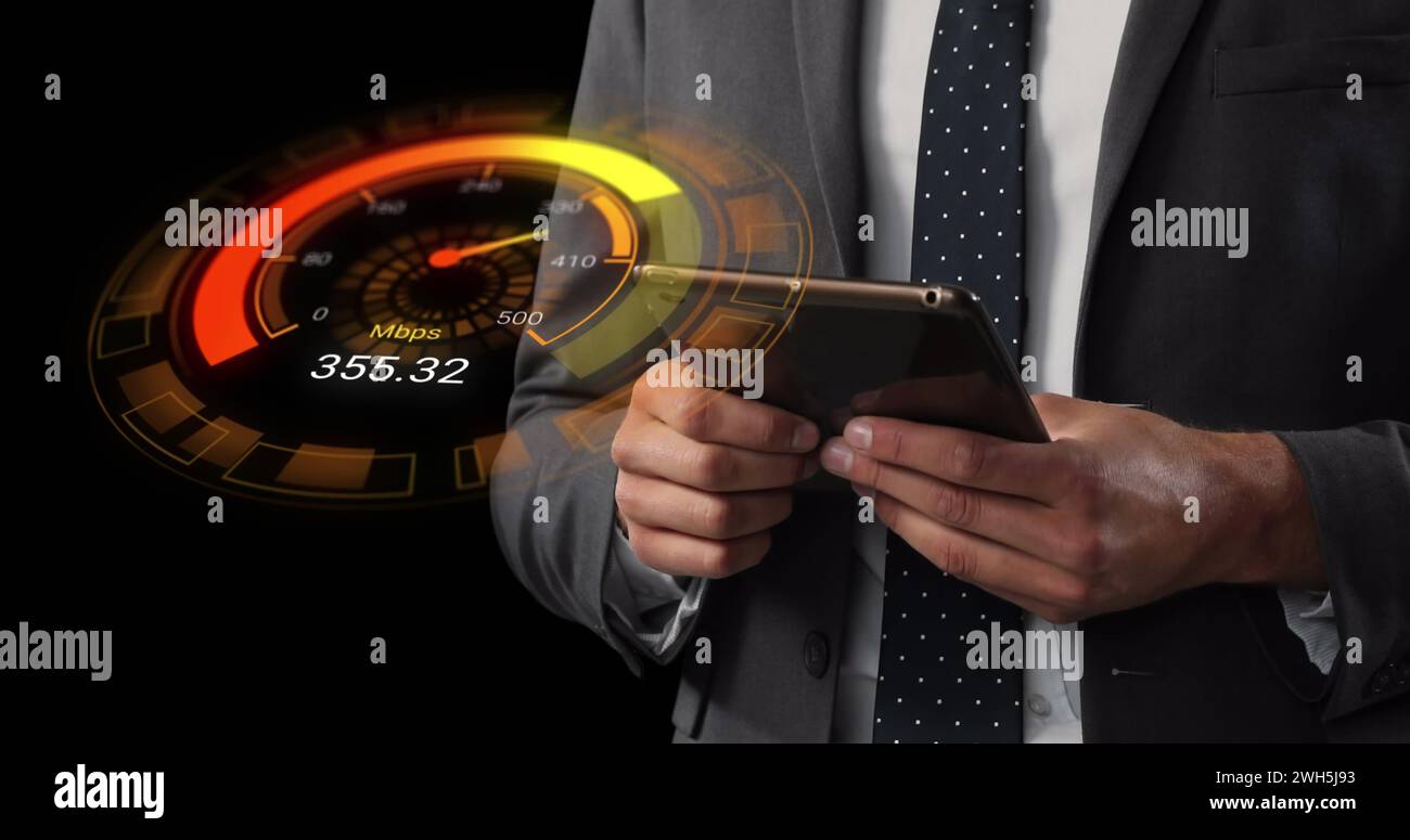 Image of orange speedometer over midsection of caucasian businessman ...