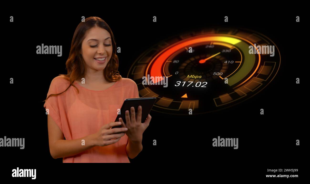 Image of orange speedometer over happy caucasian woman using tablet ...
