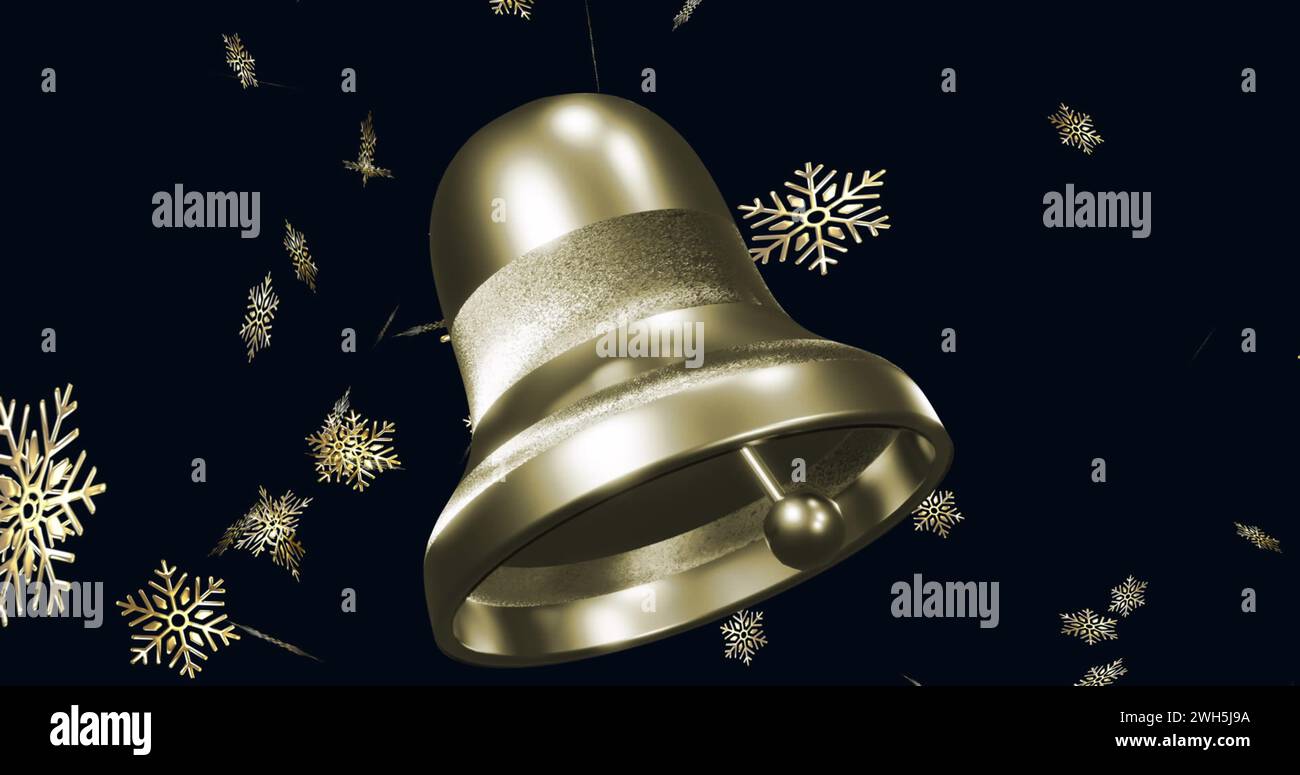 Image of christmas gold bell and snow falling on black background Stock ...