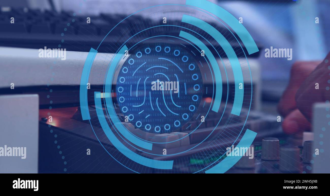 Image of fingerprints in circles over hands of caucasian man typing on ...