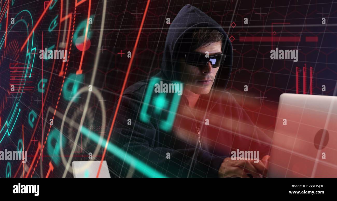 Image of neon shapes over caucasian male hacker in glasses Stock Photo ...