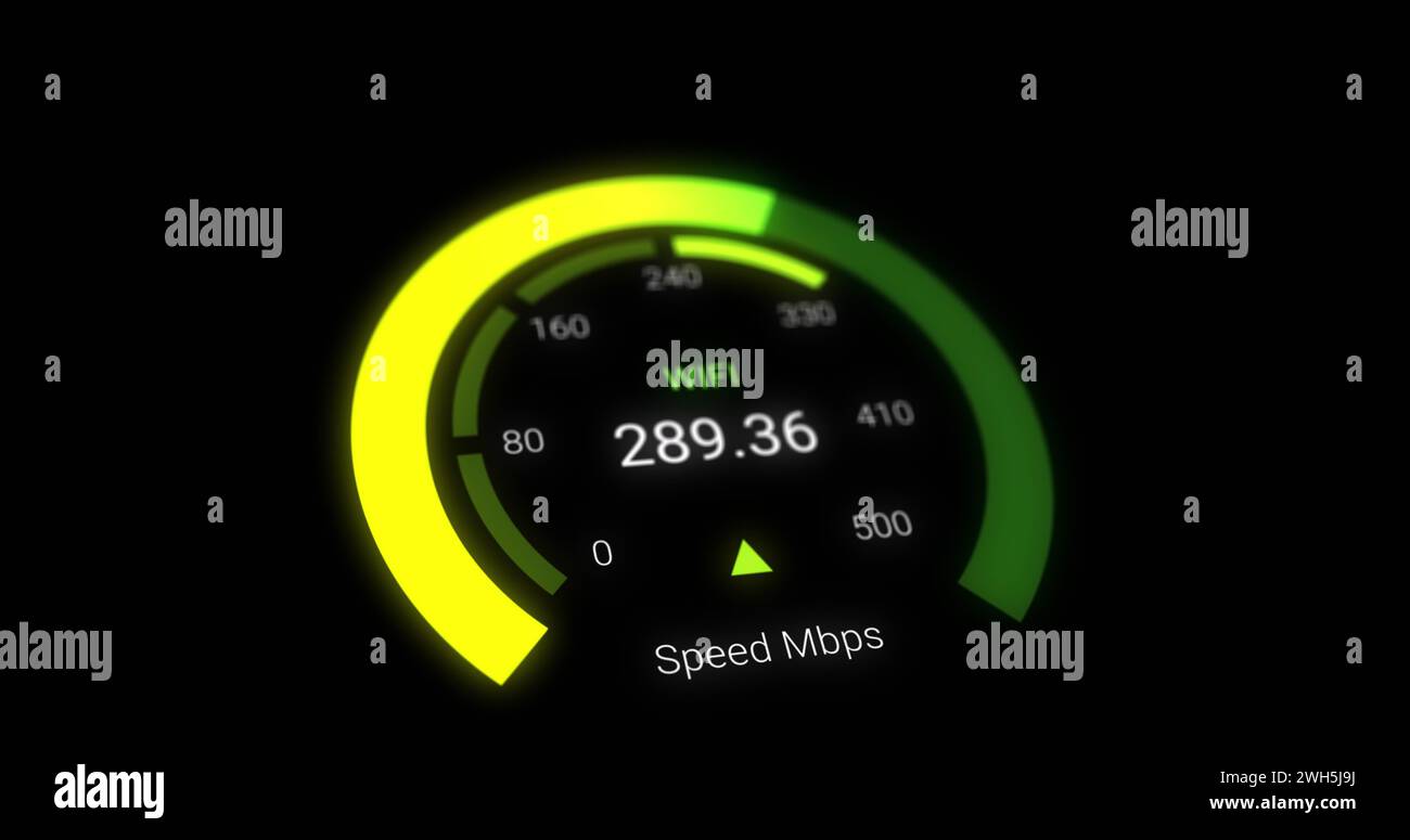 Image of yellow speedometer over black background Stock Photo - Alamy