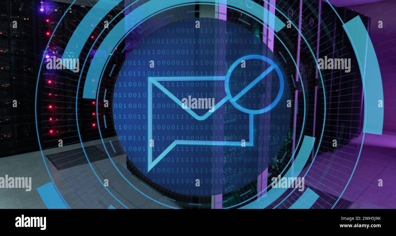 Image of email icon in circles over servers Stock Photo - Alamy