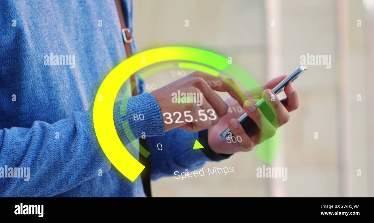 Image of yellow speedometer over hands of caucasian man using ...