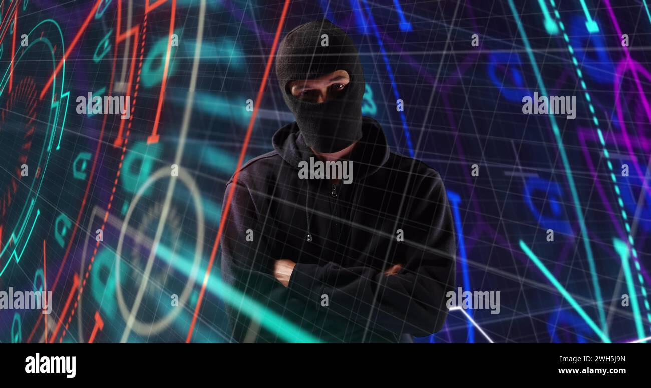 Image of neon shapes over caucasian male hacker in mask Stock Photo - Alamy