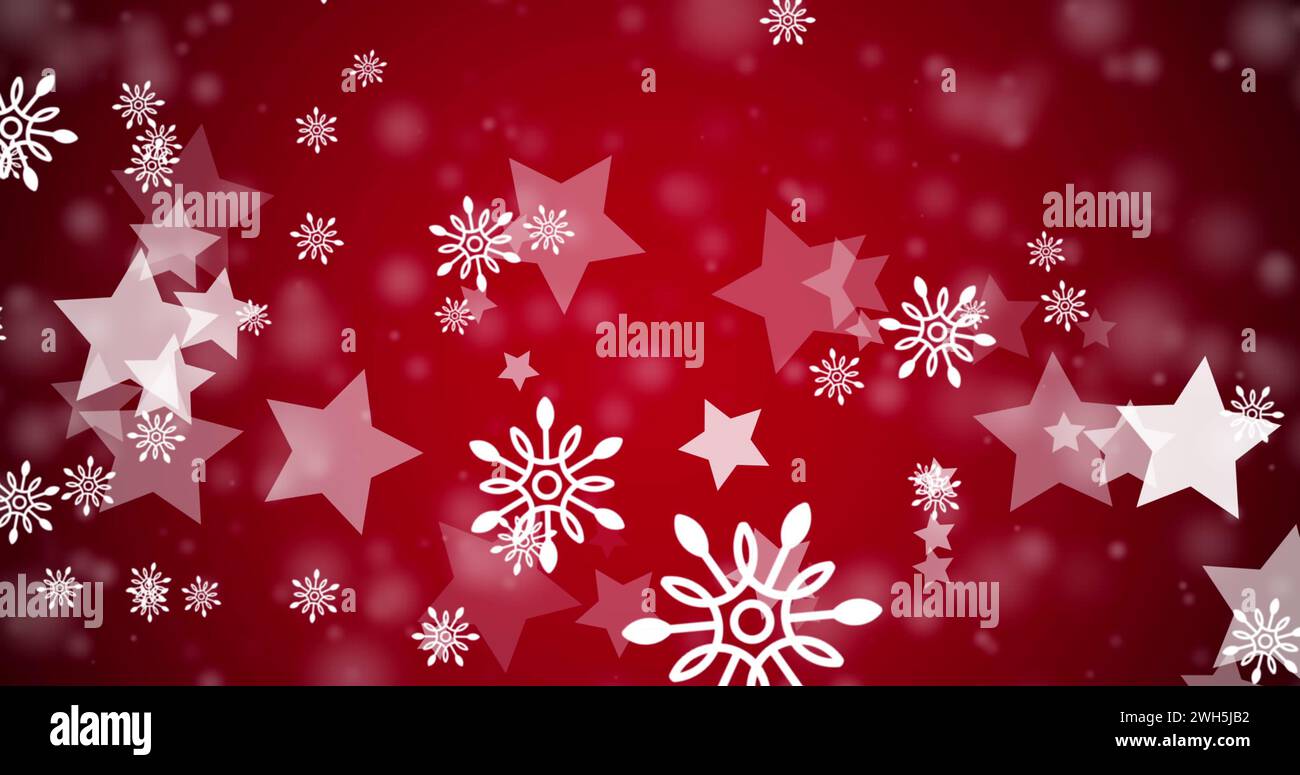 Image of christmas stars and snow falling on red background Stock Photo ...