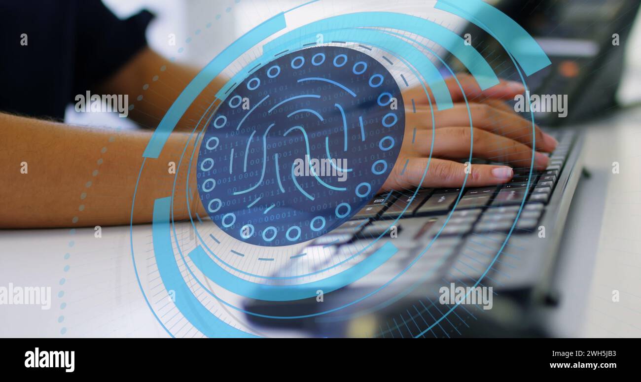 Image of fingerprint in circles over hands of caucasian woman typing on ...