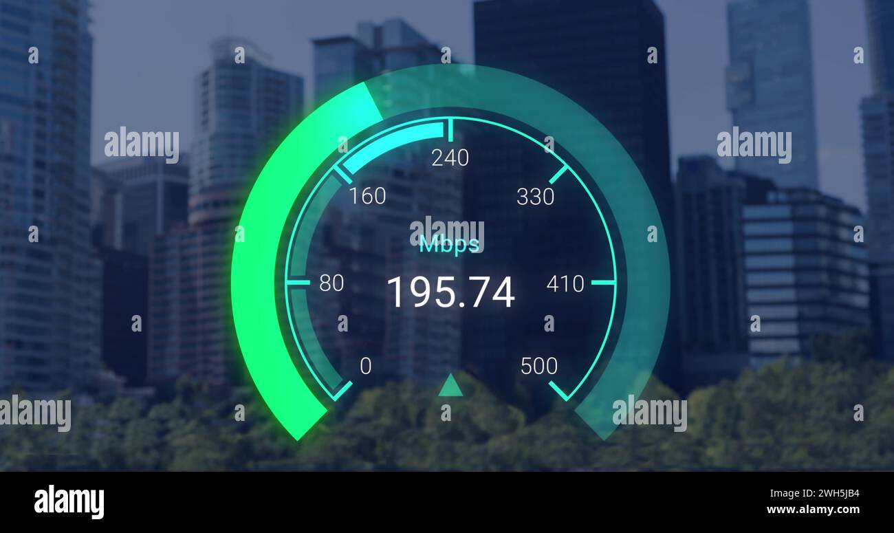 Image of green speedometer over cityscape Stock Photo - Alamy