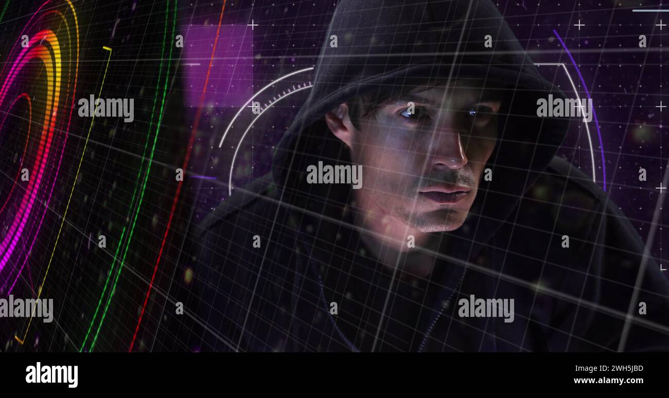 Image of neon shapes over caucasian male hacker Stock Photo - Alamy