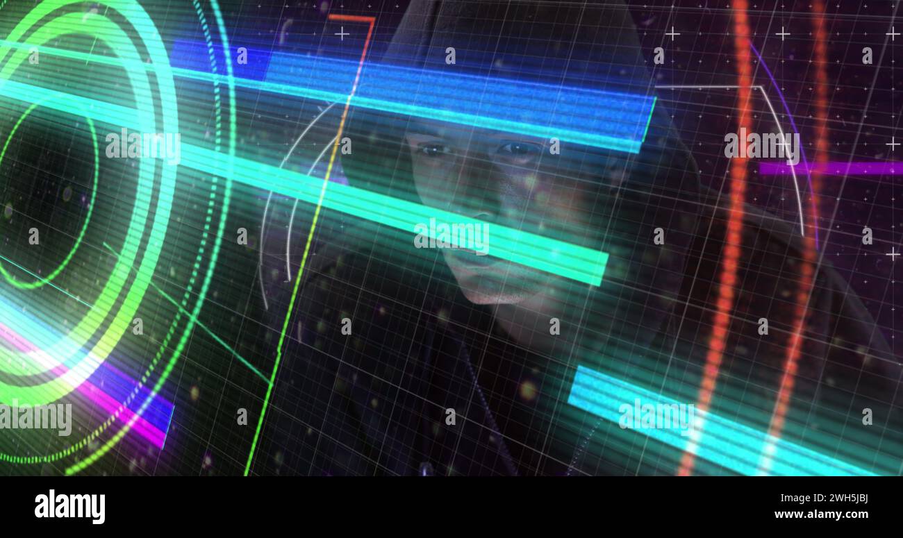 Image of neon shapes over caucasian male hacker Stock Photo - Alamy