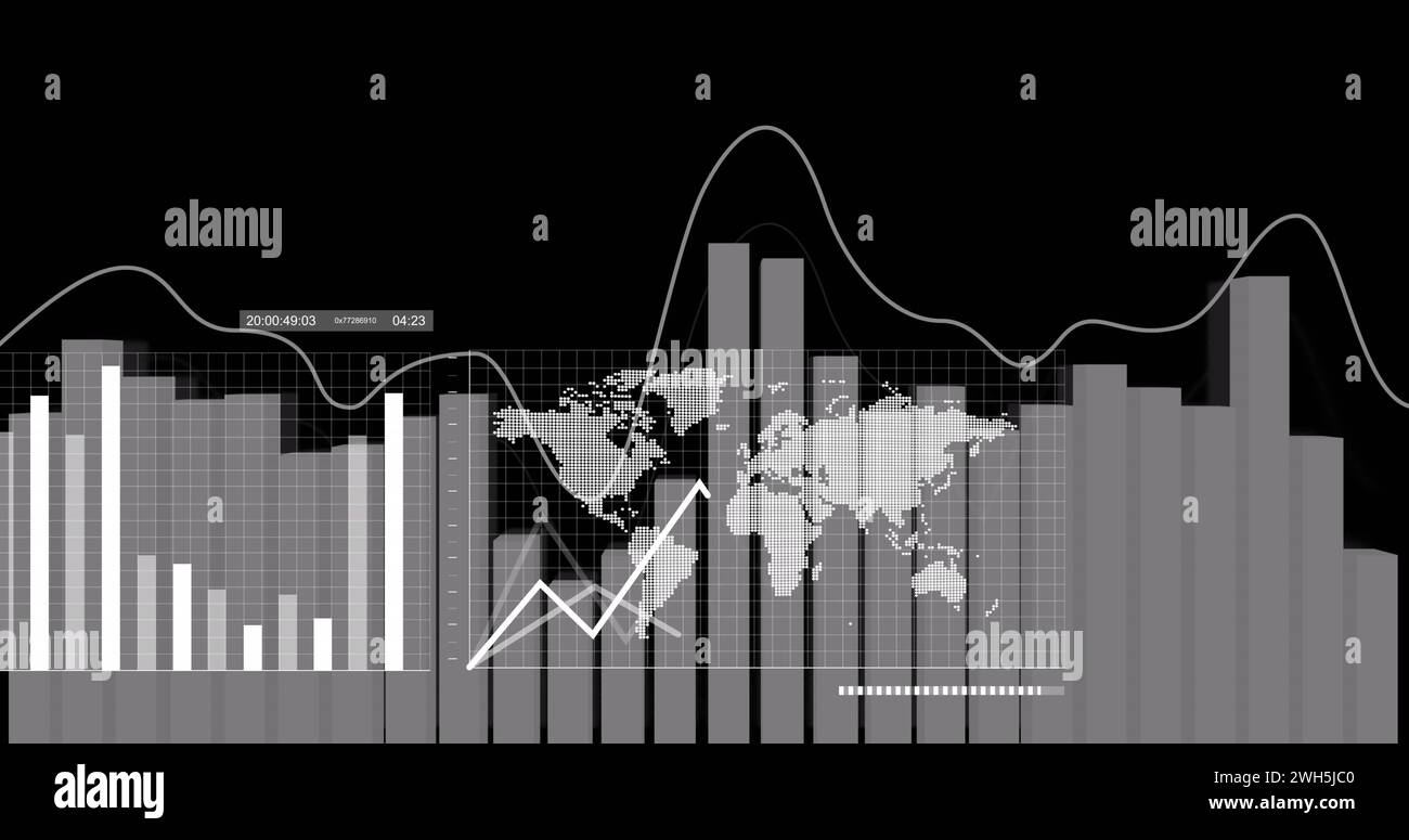 Image of statistics and data processing over black background Stock ...