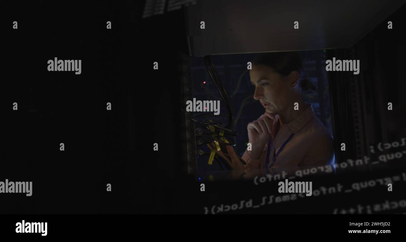 Image of data processing over caucasian female worker in server room ...