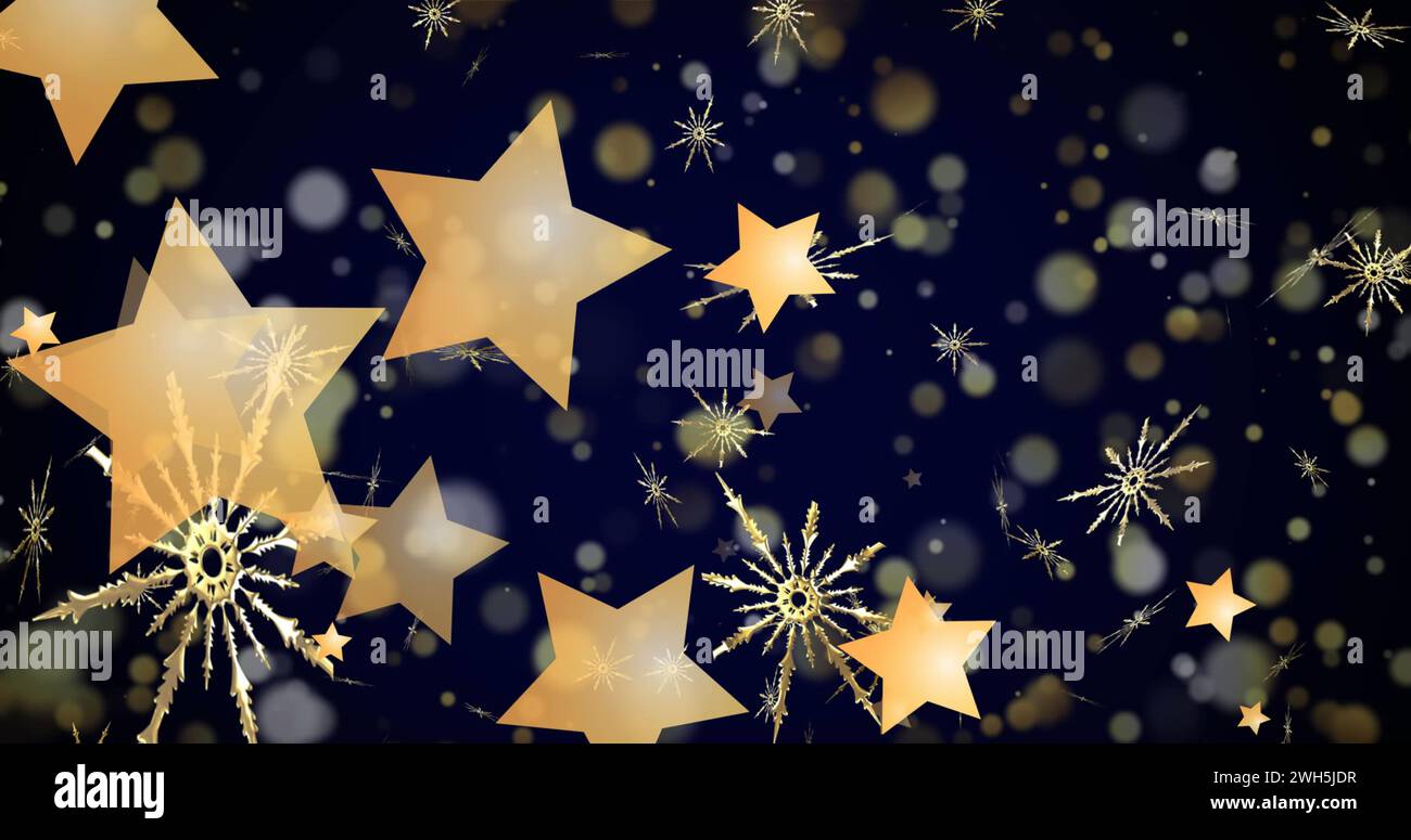 Image of christmas stars and snow falling on blue background Stock ...