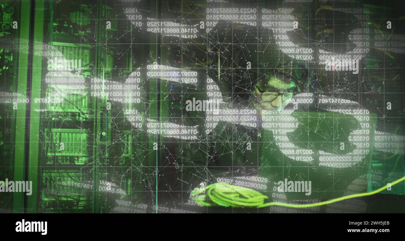 Image of data processing over asian male hacker in server room Stock ...