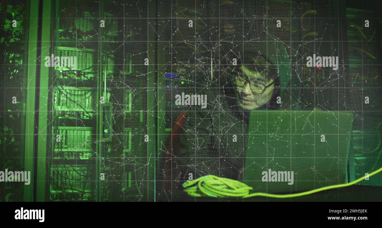 Image of data processing over asian male hacker in server room Stock ...