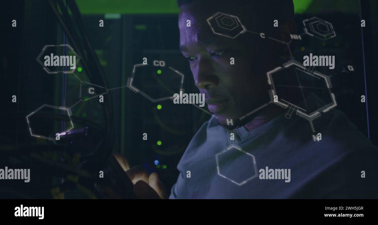 Image of data processing over african american male worker in server ...