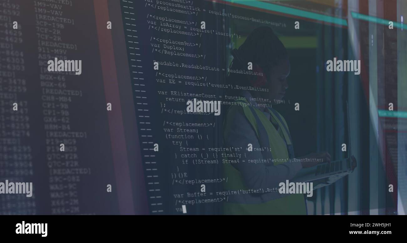 Image of data processing over african american female worker in server ...