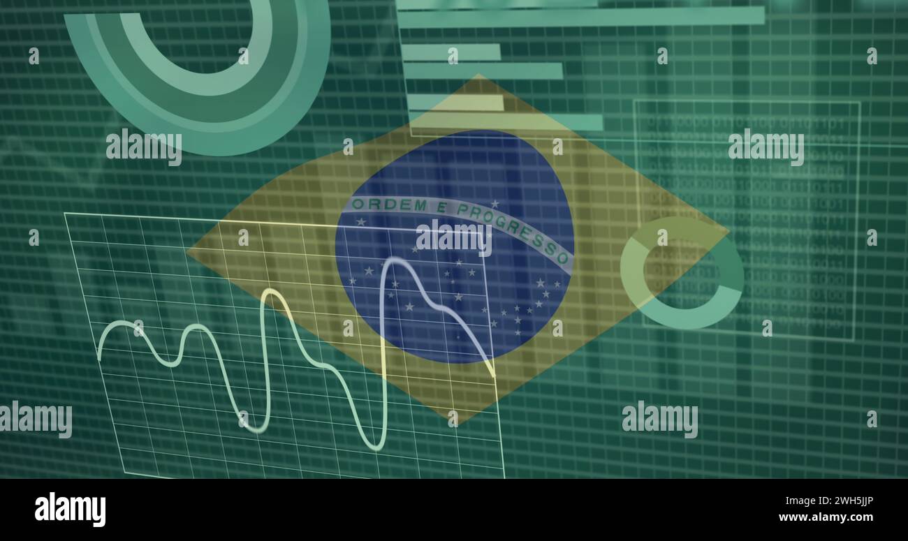 Image of statistics and data processing over waving flag of brazil ...
