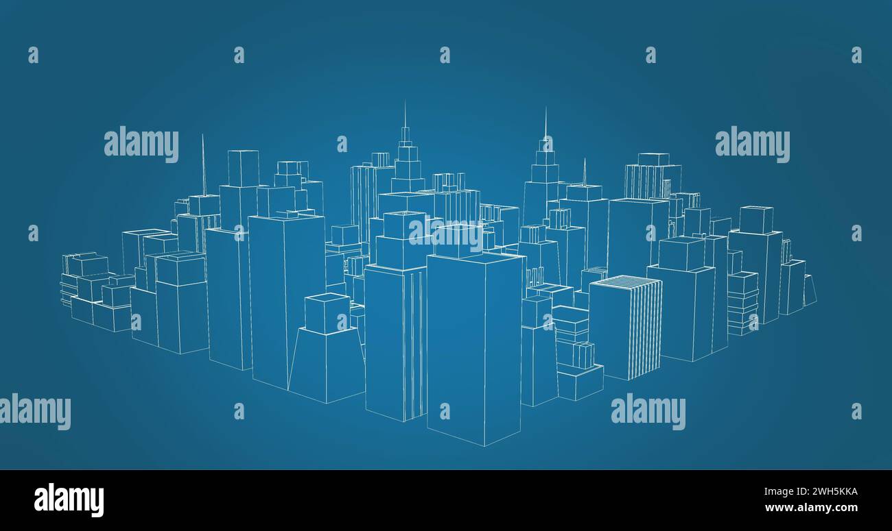 Digital image of virtual buildings in a city rotating in the blue ...
