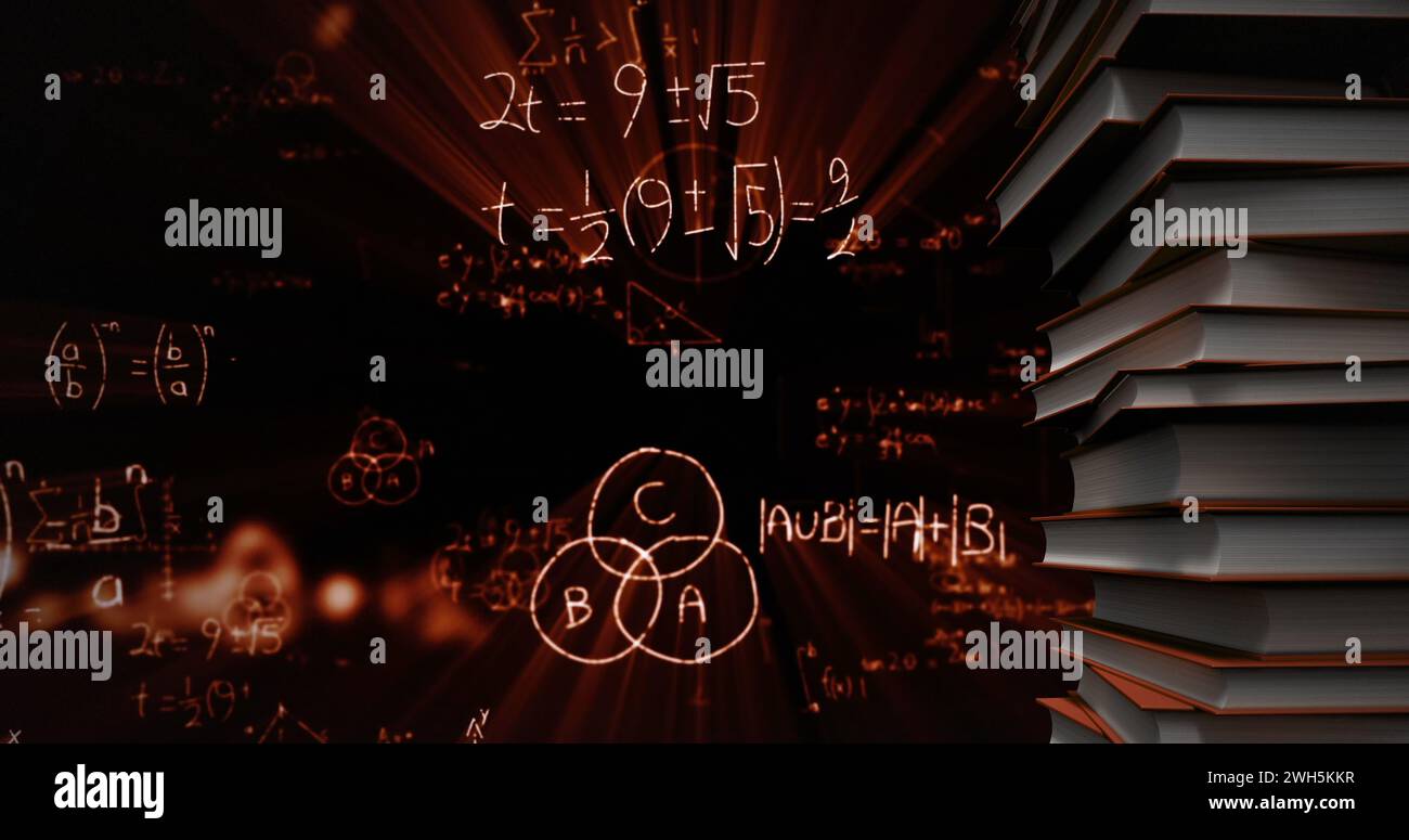 Digital image shows books with glowing math equations on a dark ...