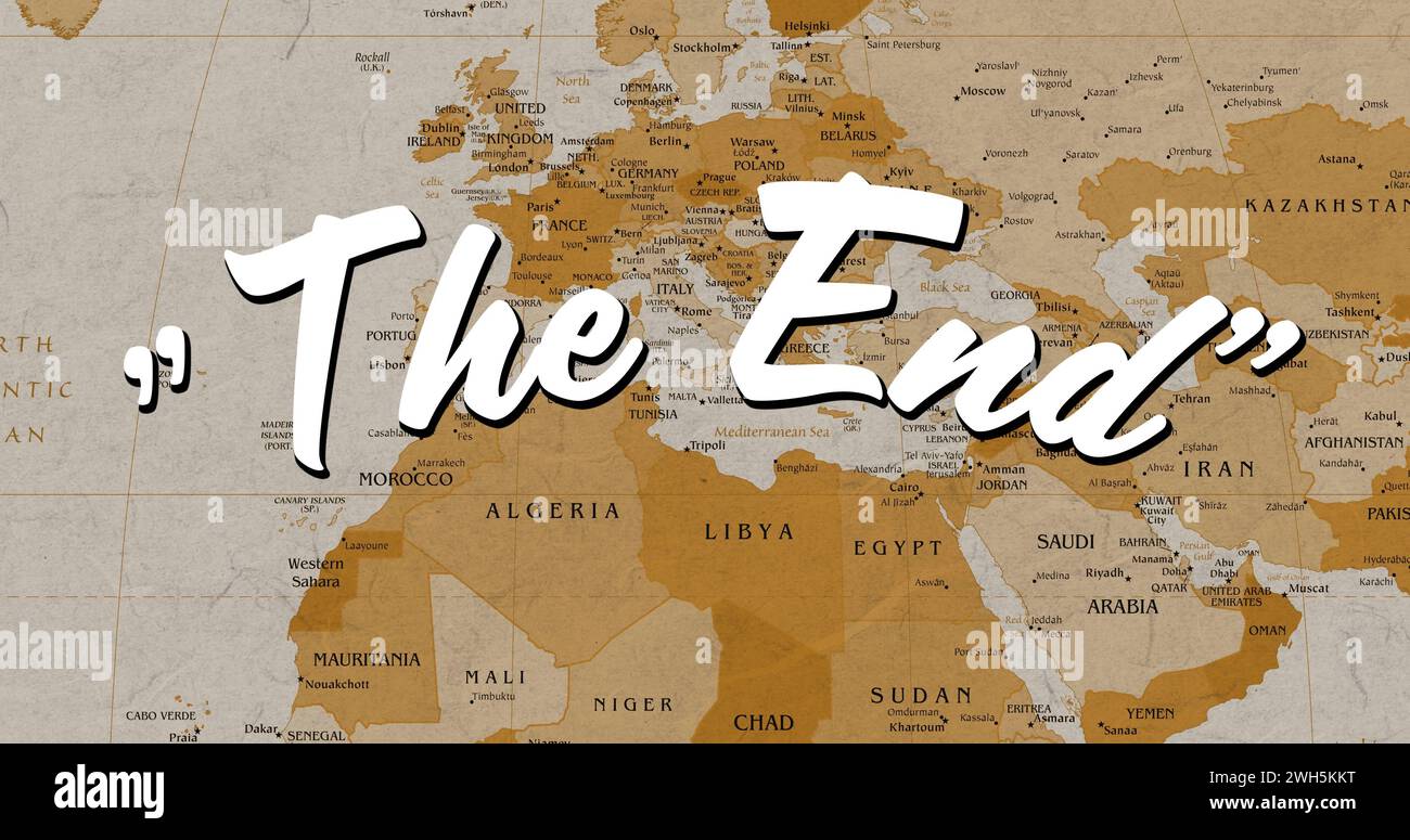 Digital image of a white The End sign appearing in the screen with a ...