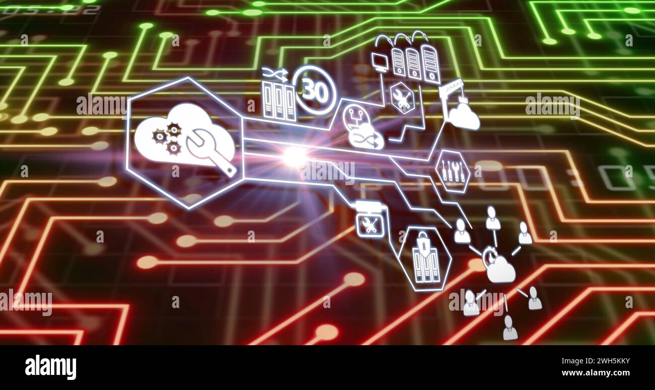 Image of business icons over network of connections Stock Photo - Alamy