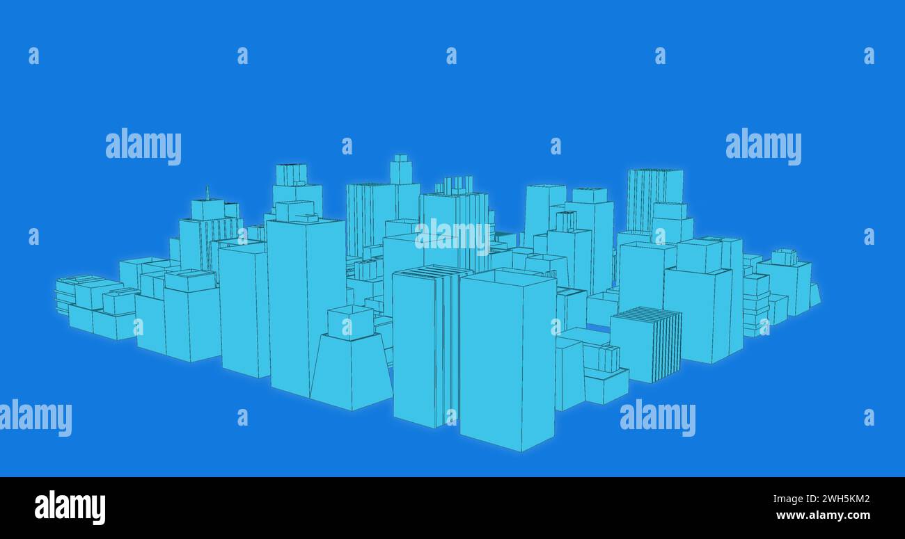 Digital image of virtual buildings in a city rotating in the blue ...