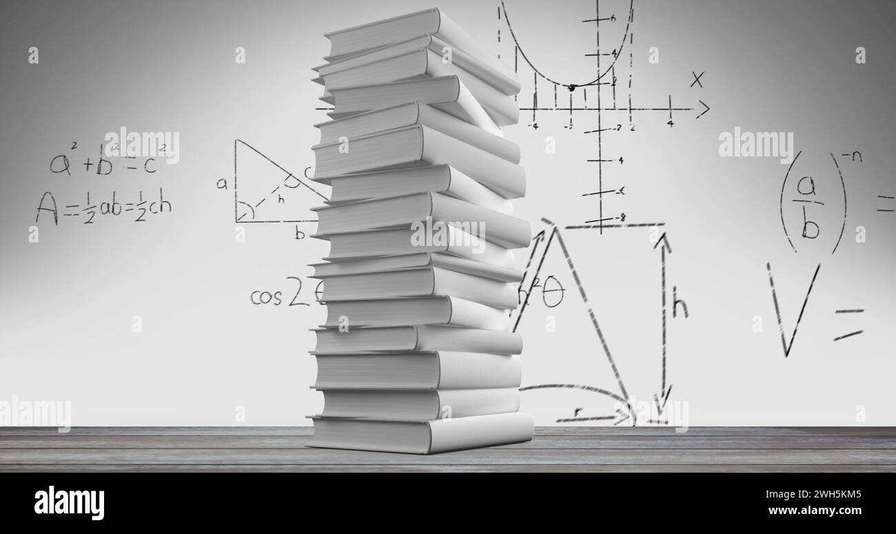 Digital image shows books on a table with animated math equations on ...