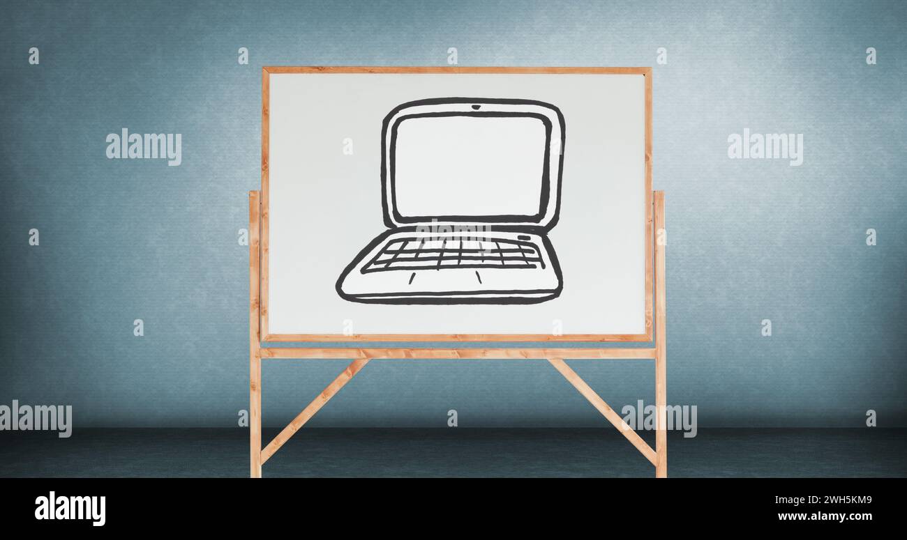Digital image of a drawing of a laptop in a white board with wooden ...