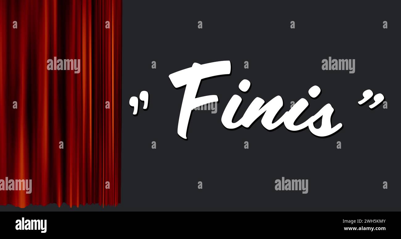 Digital image of a white Finis sign appearing as a red curtain opens to ...
