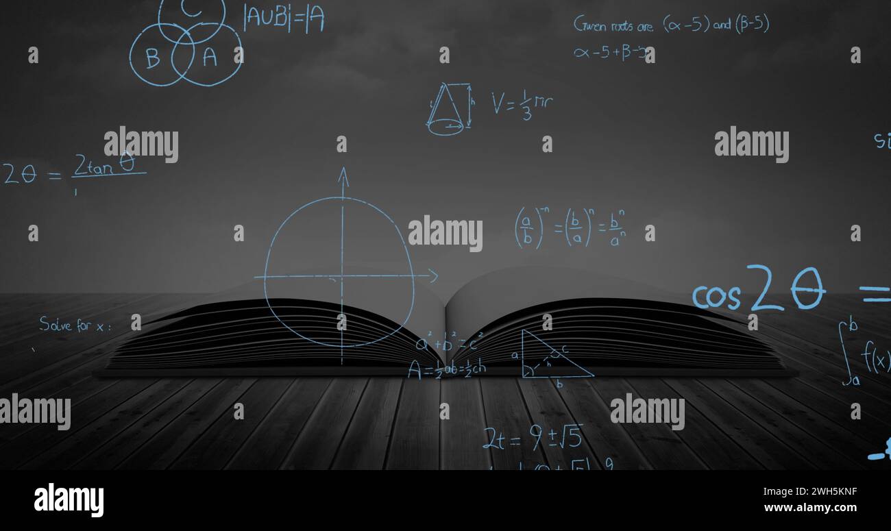 Digital image shows an open book with math equations moving in the ...