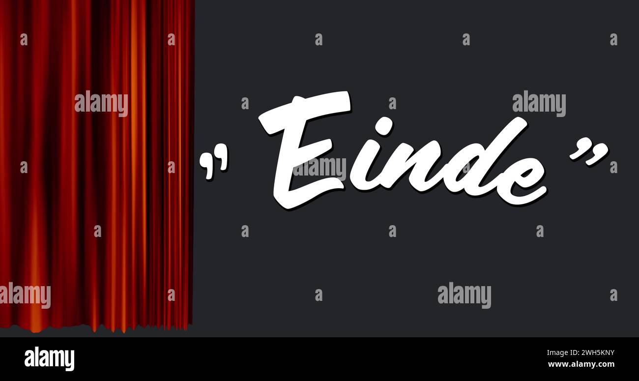 Digital image of a white Einde Sign appearing as a red curtain opens to ...