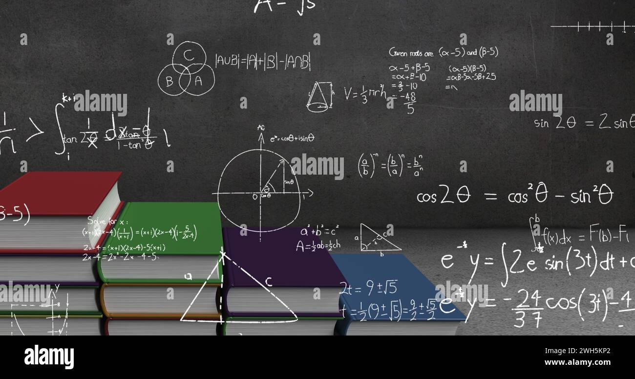 Colorful book pile in grey room with dynamic math equations Stock Photo ...