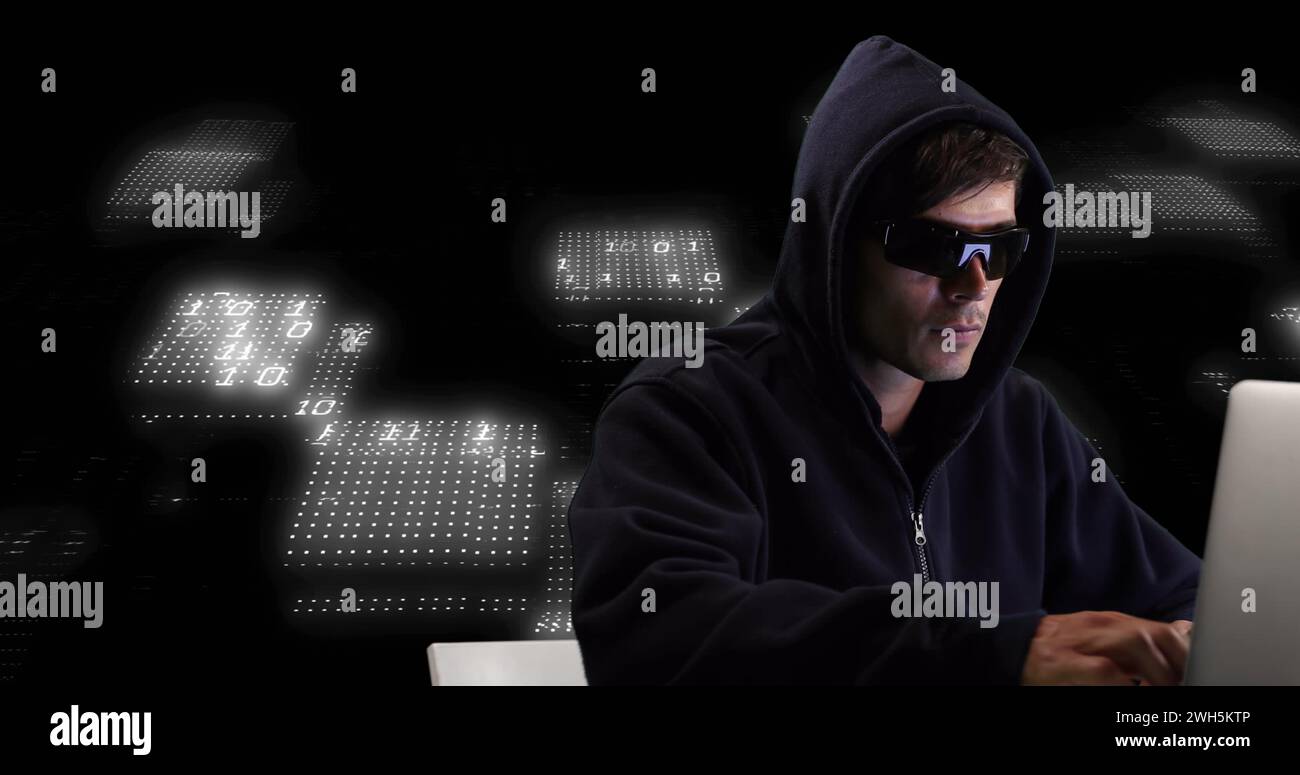 Image of data processing and caucasian male hacker using laptop on black background Stock Photo ...