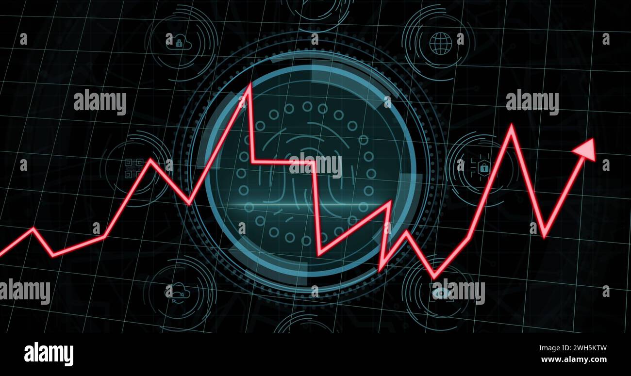 Image of graphs, data protection and fingerprint on black background ...