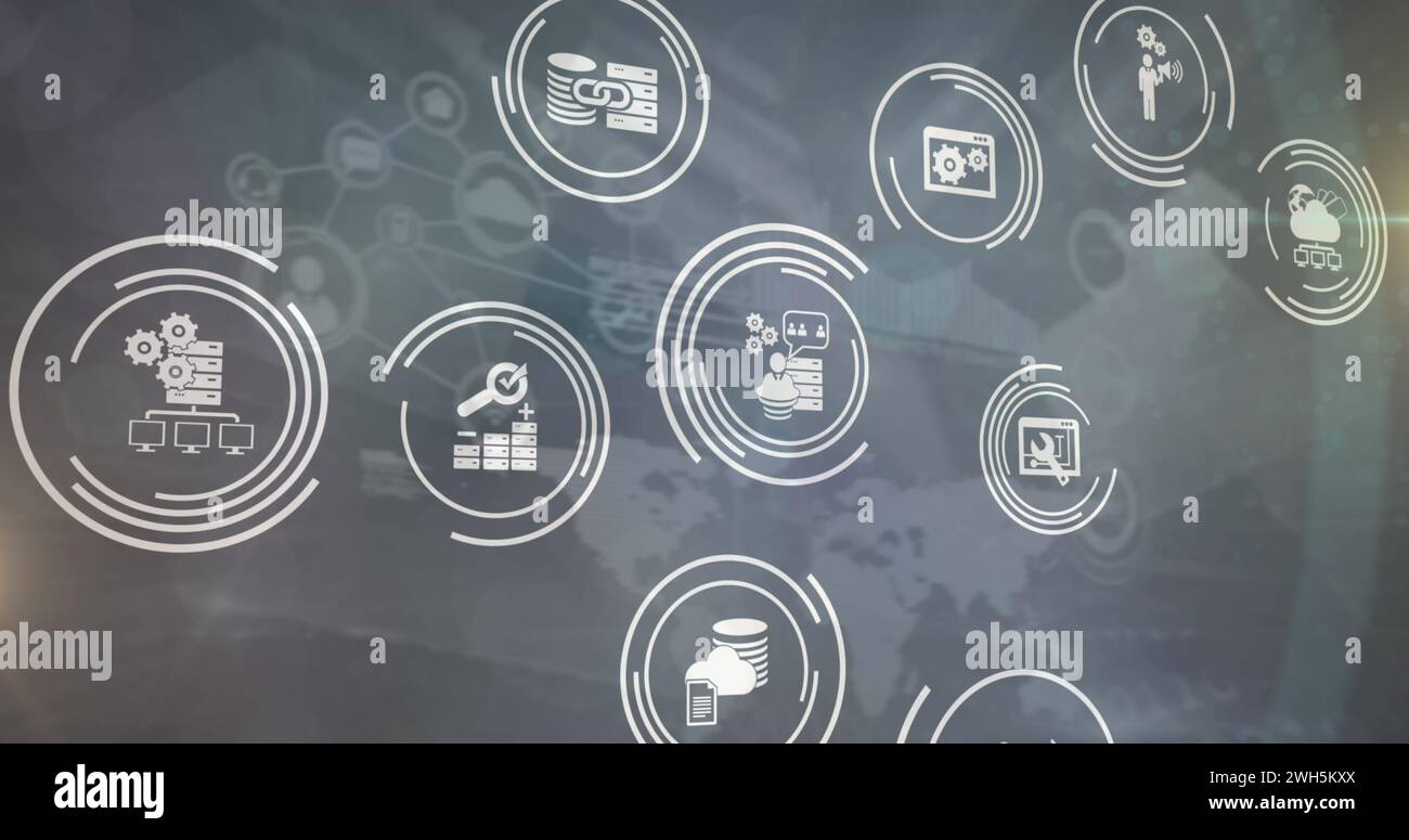 Image of network of digital icons over grey background Stock Photo - Alamy