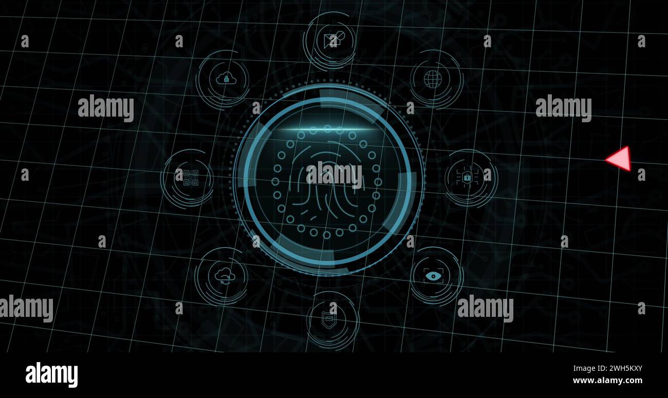 Image of graphs, data protection and fingerprint on black background ...