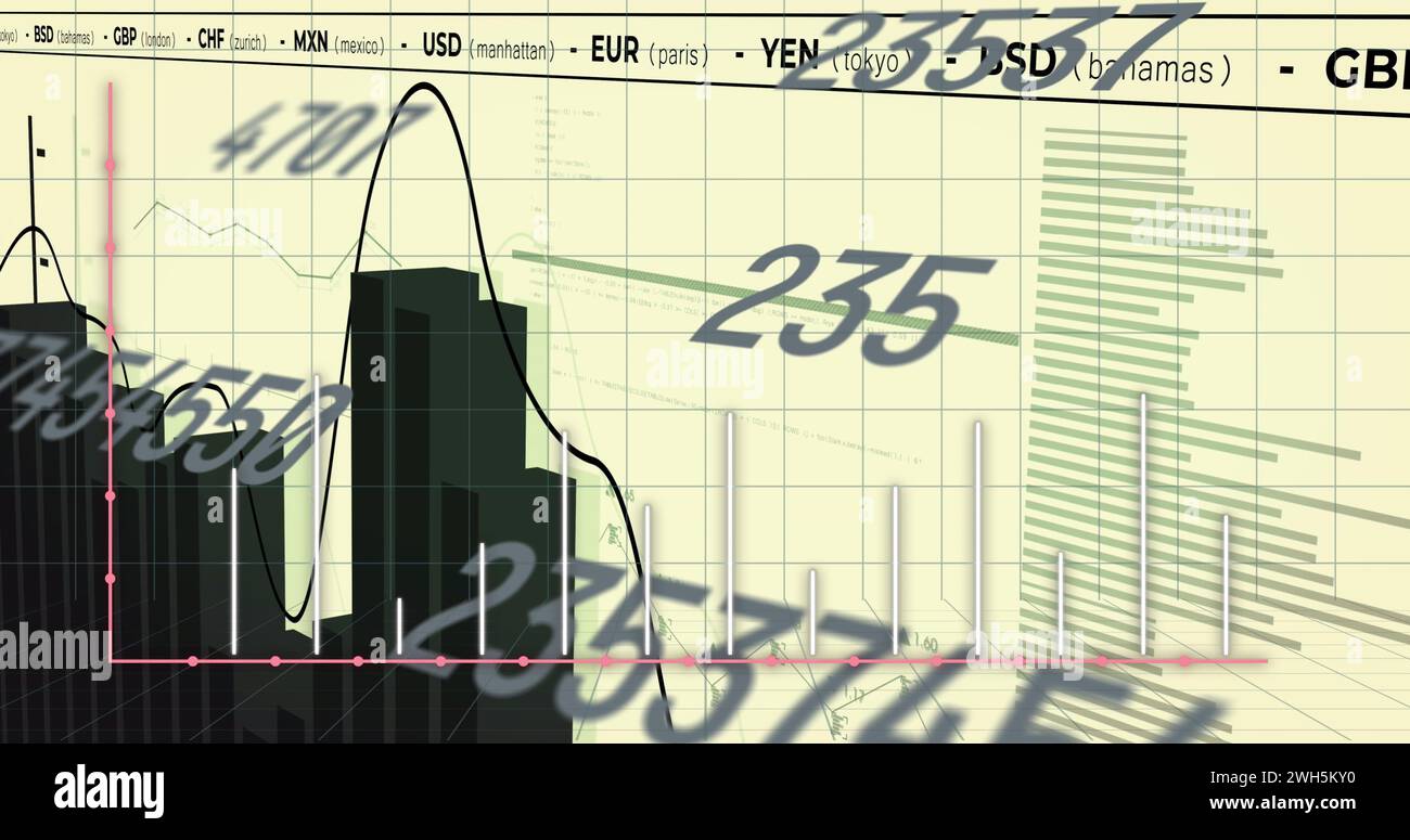 Image of graphs and numbers on yellow background Stock Photo - Alamy