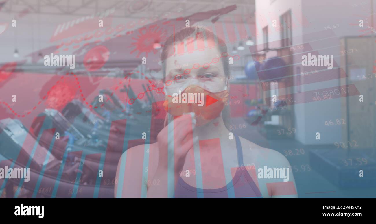 Image of floating statistics and graphs over caucasian woman wearing ...