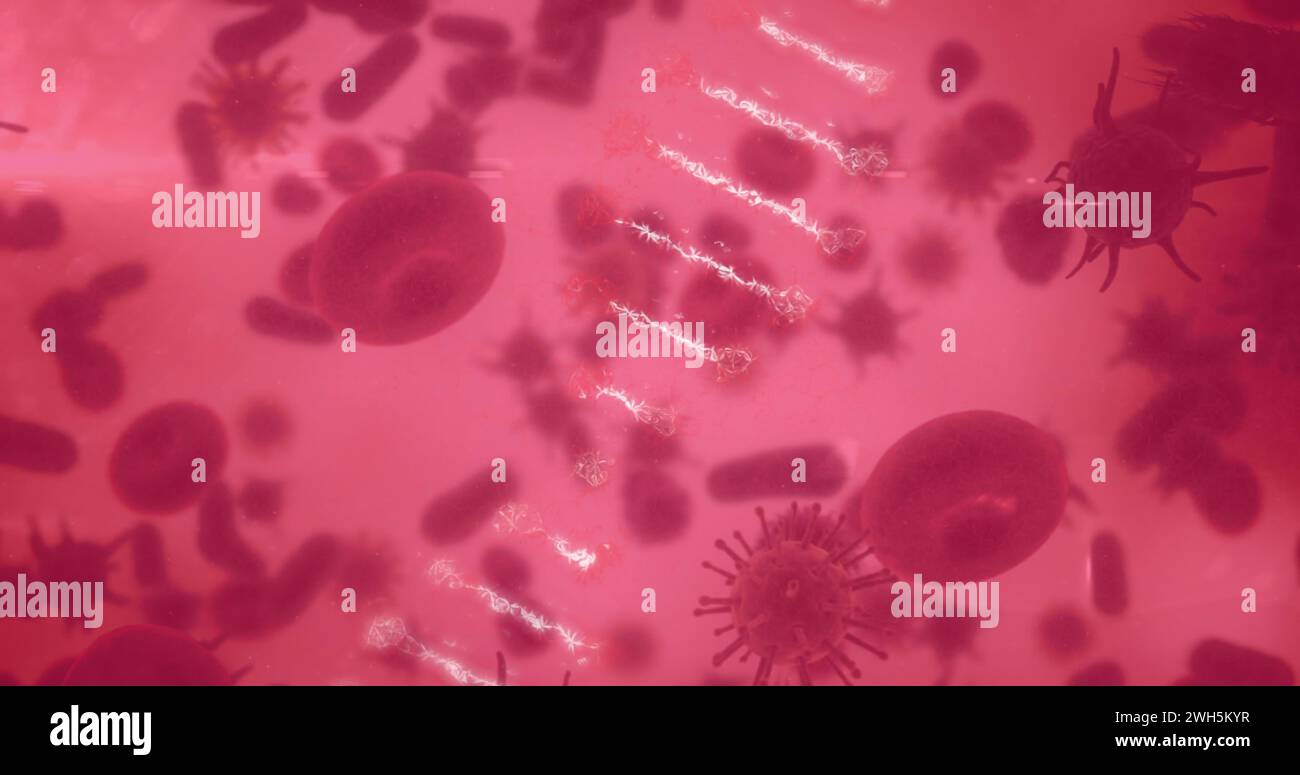 Image of dna strain spinning over digital cell icons Stock Photo - Alamy