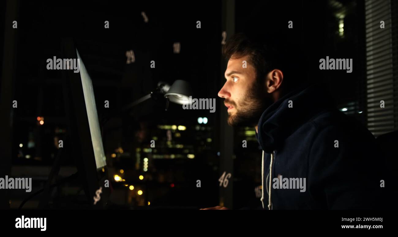 Image of floating numbers over caucasian man using computer Stock Photo ...