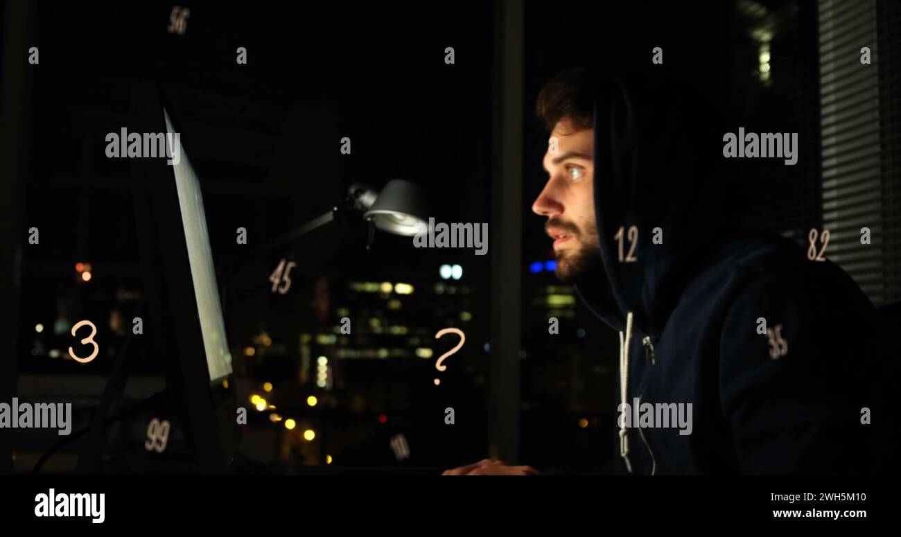 Image of floating numbers over caucasian man using computer Stock Photo ...