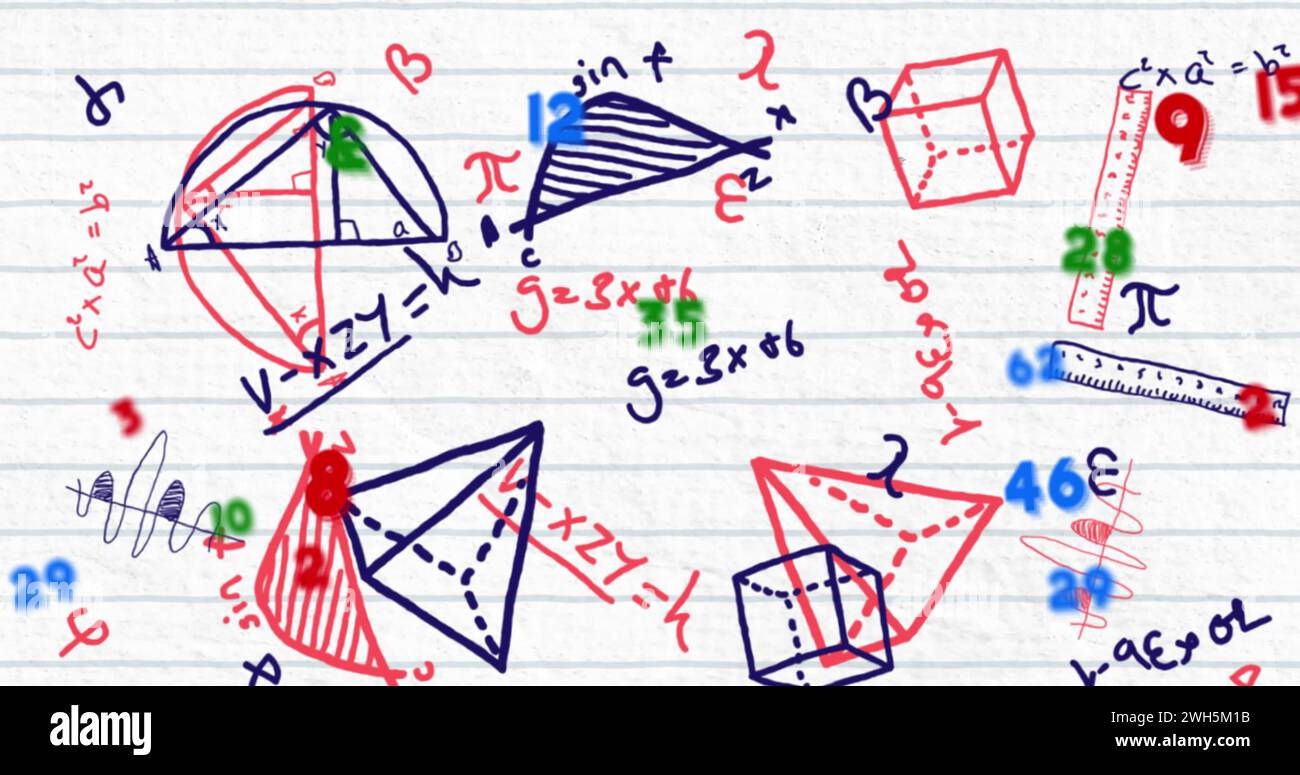 Image of floating numbers over mathematical equations on white ...