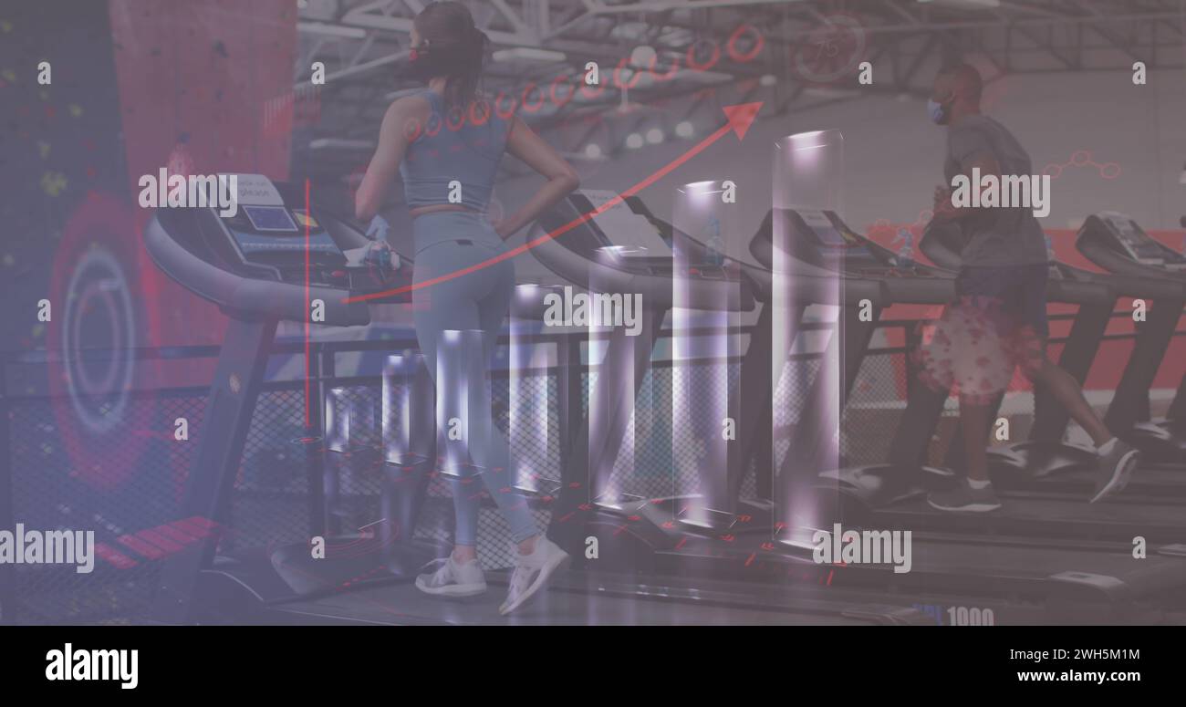 Image of graphs and statistics over diverse group wearing face masks ...