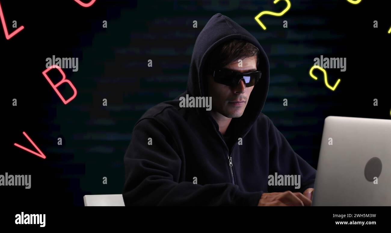 Image of numbers and letters over caucasian hacker using computer Stock ...
