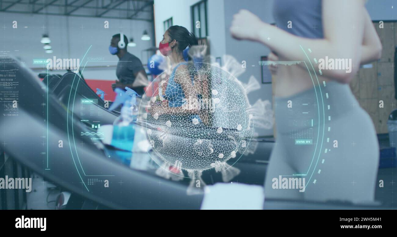 Image of covid-19 cell spinning over diverse group wearing face masks ...